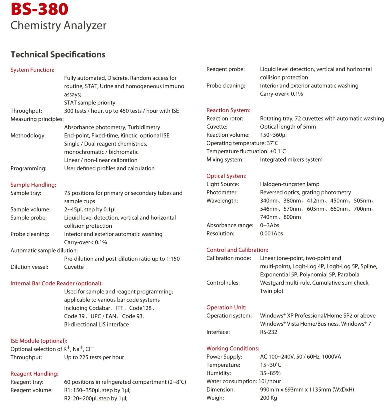 Mindray BS380 chemistry analyzer / Mindray biochemistry machine